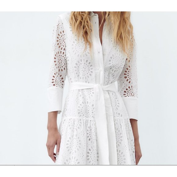 Zara | Dresses | Zara New Woman Openwork Embroidered Shirt Dress With ...